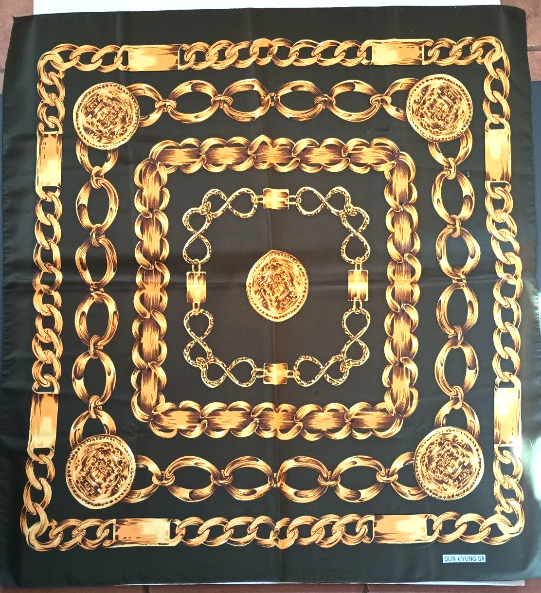 Sun Kyung SA Silk Scarf Dark Olive Green Gold Chains … - Gem