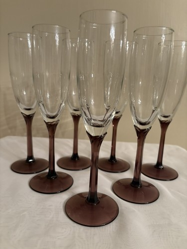 7 Libbey Domaine Champagne Flutes Clear Glass With Amethyst Purple ...