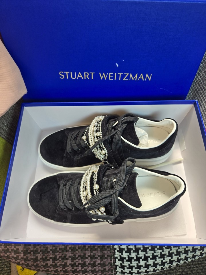 Stuart Weitzman Women's Pearl Drop Black Velvet Sneakers US 10.5 New ...