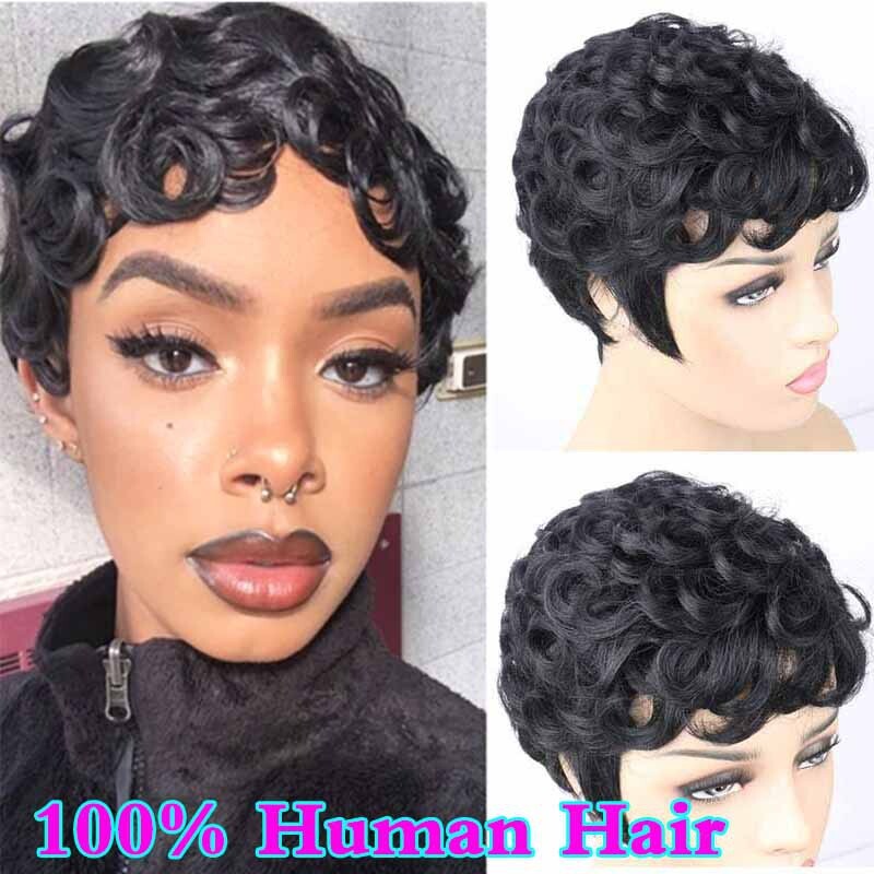Short Pixie Cut Human Hair Wig Black Curly Wavy None Lace Wigs Natural ...