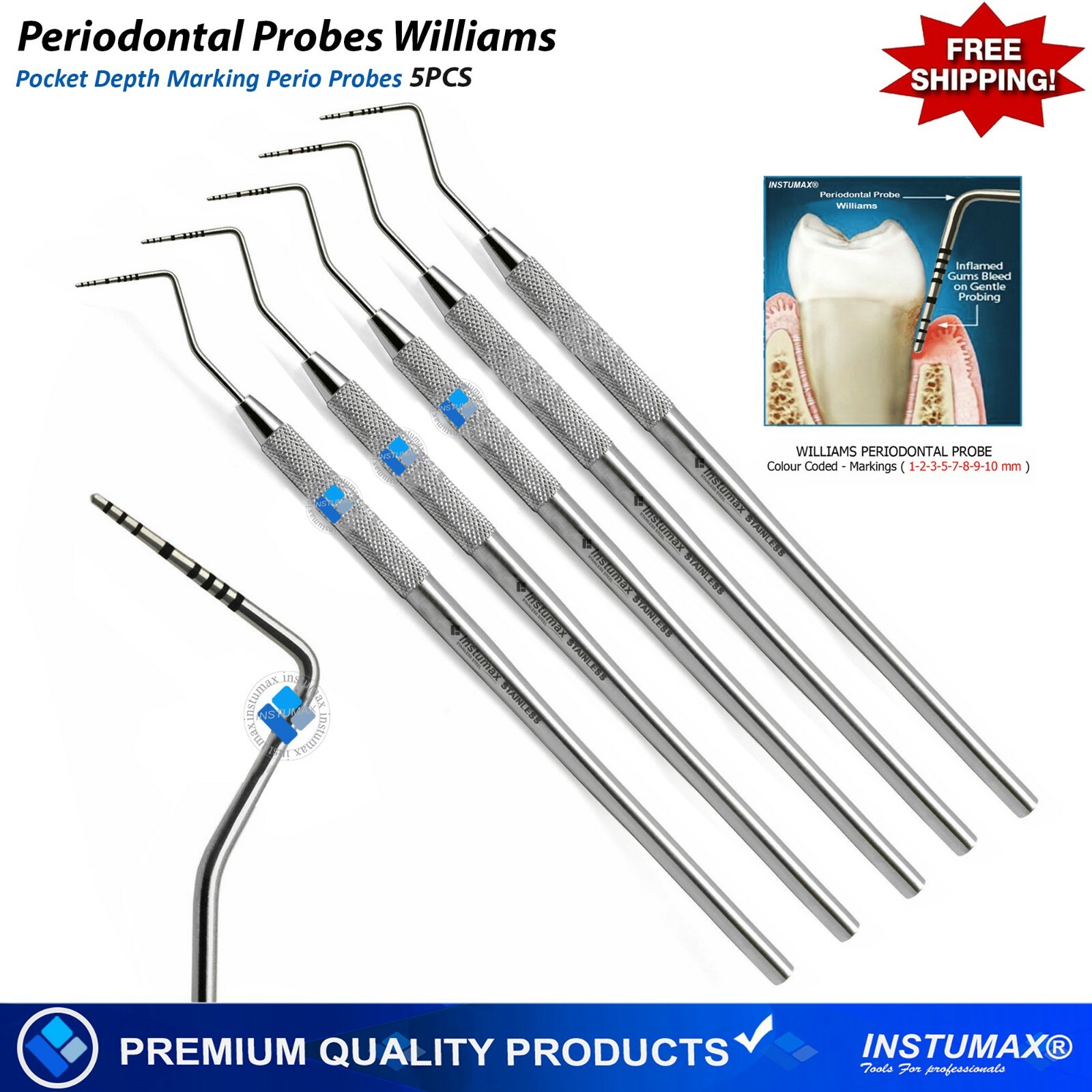 William Probes Color Coated Dental Periodontal Perio Probes Set of 5 ...