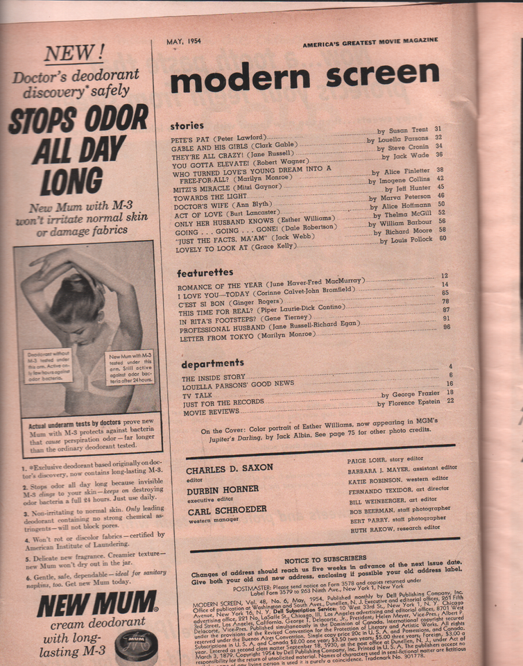 Modern Screen May 1954 Esther Williams Marilyn Monroe Joe DiMaggio ...