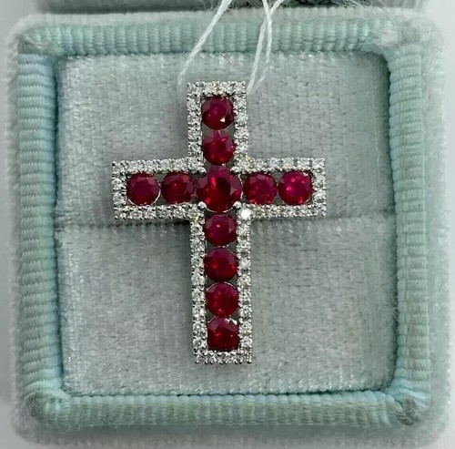 2Ct Round Lab Created Red Ruby Cross Pendant 14K White Gold Finish Free ...