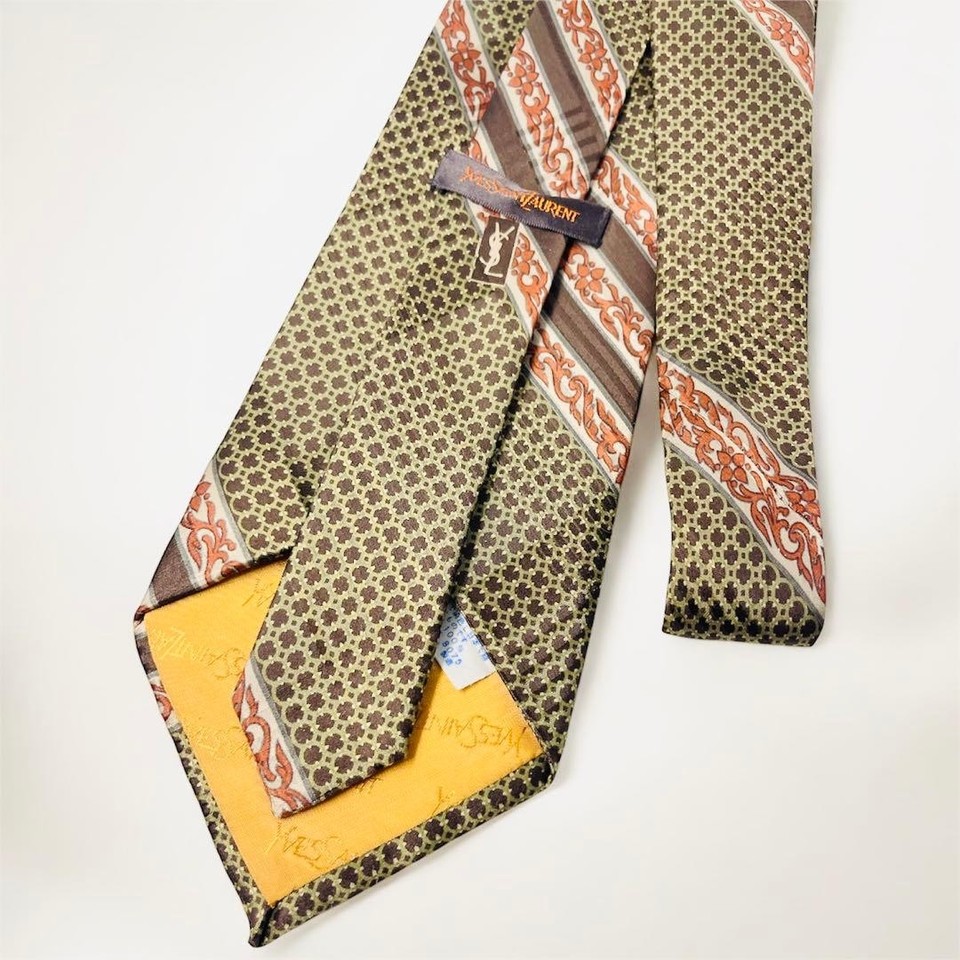 Yves Saint Laurent Striped Tie Brown Yellow Orange Logo Used | eBay