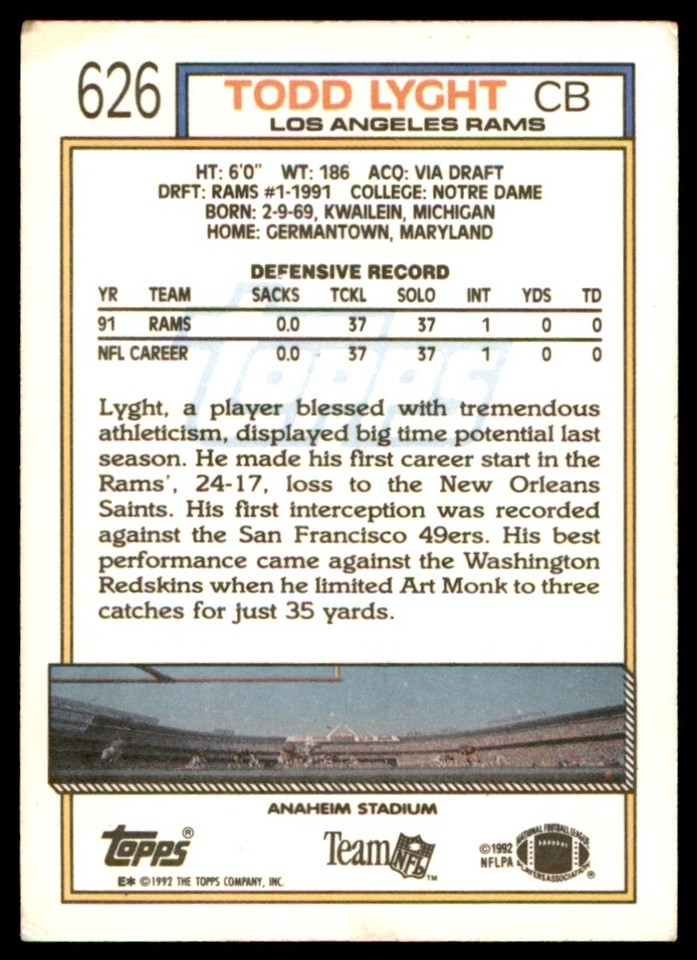 1992 Topps Todd Lyght Los Angeles Rams #626 | eBay