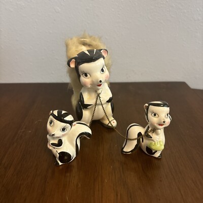 Vintage Japanese Ceramic Mamma Skunk w/ 2 Babies on Chains Fuzzy Tail ...