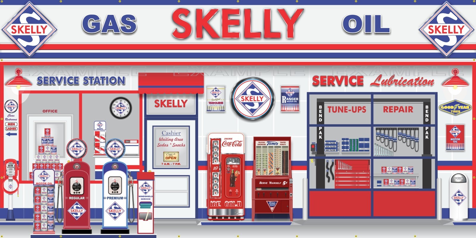 SKELLY OLD GAS SERVICE STATION SCENE PUMP WALL MURAL SIGN BANNER SIZE ...