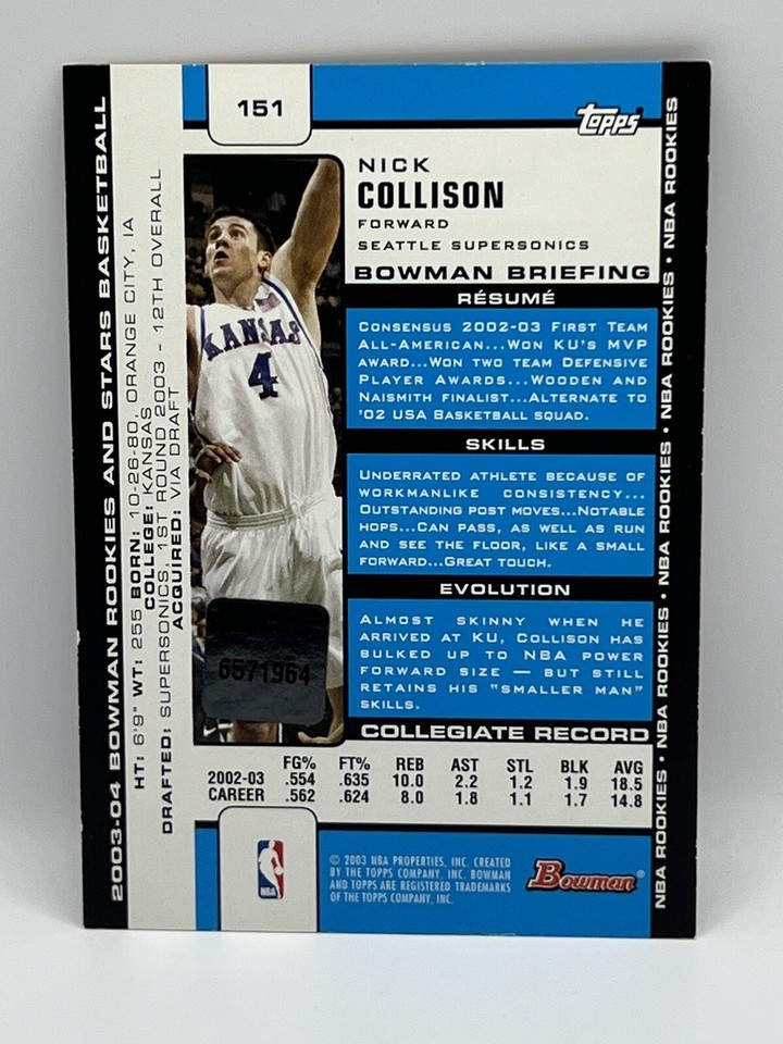NICK COLLISON 2003-04 Bowman Rookie Auto Sonics Kansas Jayhawks Thunder ...