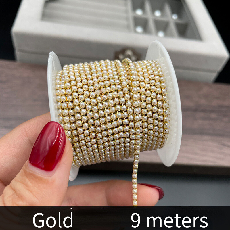 9m Beaded Trims Faux Pearl Diamante String Chain Ribbon Wedding Sewing ...