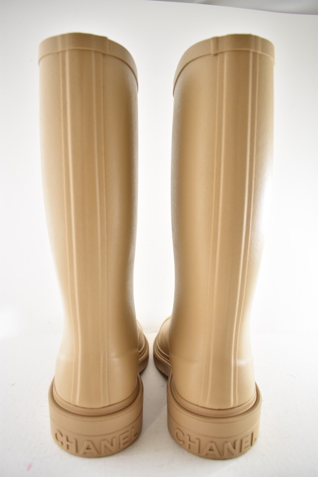 Chanel REV Beige White Wellington Wellies CC Logo Pull On Rubber Rain ...