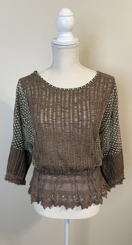 Anthropologie Ryu Boho Brown Cream Crochet 3/4 Sleeve Top Sz S | eBay