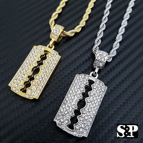Fashion Iced Barber Shop Razor Blade Pendant & 4mm 24" Rope Chain Bling ...