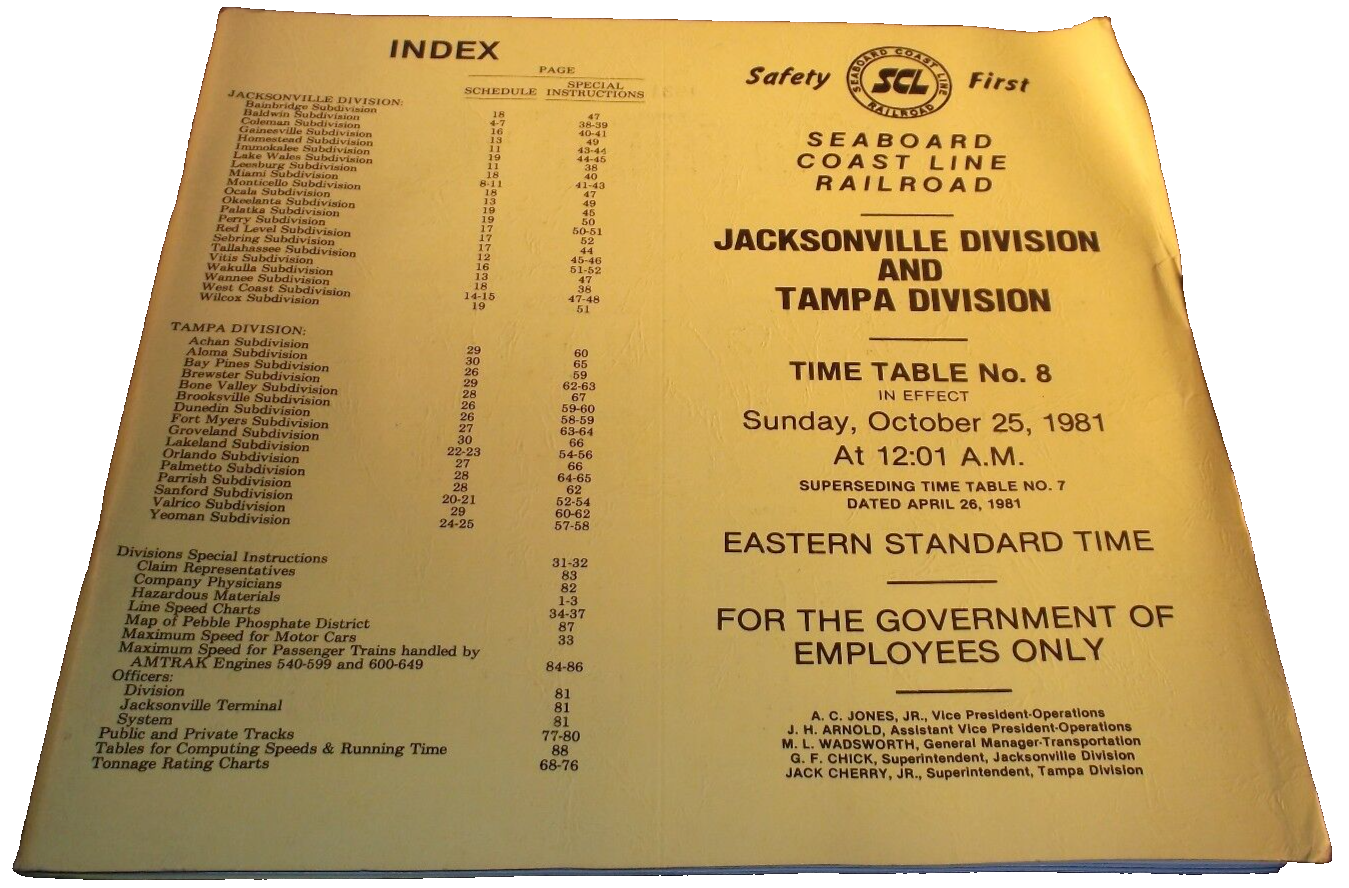 OCTOBER 1981 SCL SEABOARD COAST LINE JAX TAMPA DIVISIONS EMPLOYEE TIMETABLE #8 | eBay