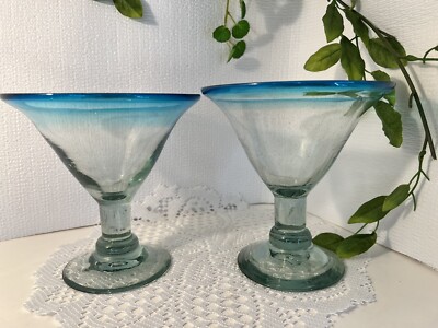 Set 2-Aztecas Design Mexico Heavy Blue/Green Bubble Glass Martini Hand ...