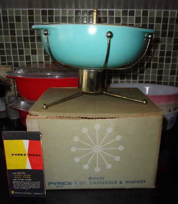 Pyrex UFO Atomic turquoise casserole IN ORIGINAL BOX Super Deluxe RARE ...