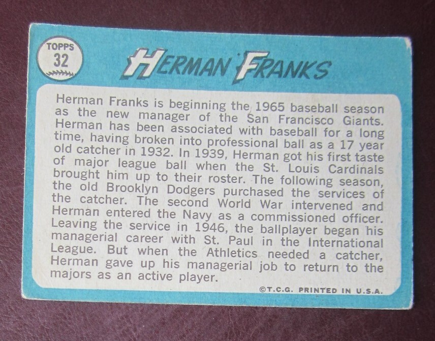1965 Topps Herman Franks (San Francisco Giants) #32 VG | eBay