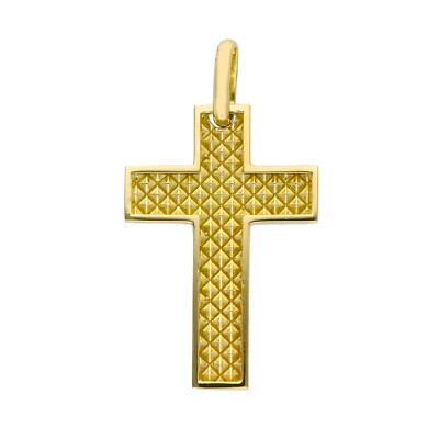 Solid 18k yellow gold flat cross with shiny square in the center made ...
