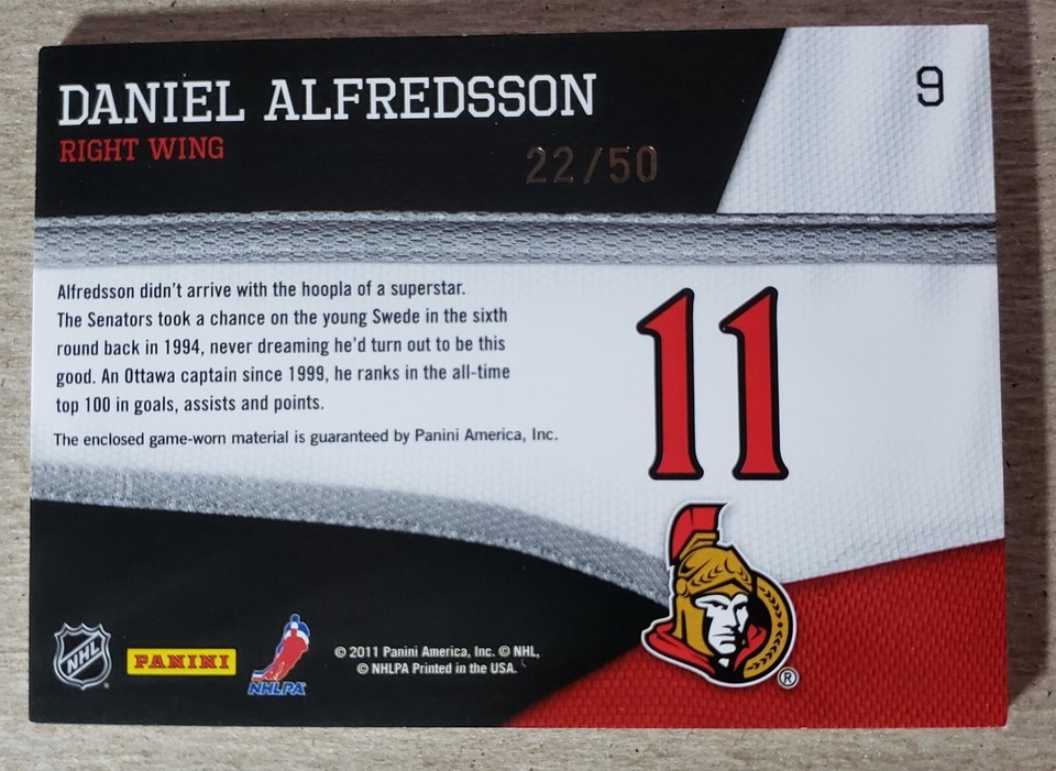 2011-12 Panini Pinnacle Prime Daniel Alfredsson Game Used Jersey Patch ...