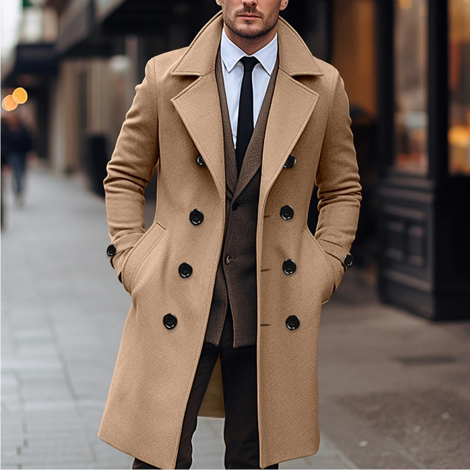 Men's Woolen Trench Coat French Business Overcoat Winter Warm Long Top ...
