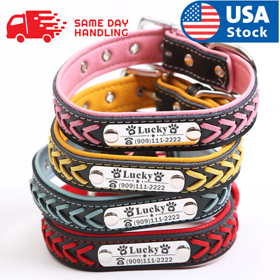 Personalized Dog Collar Braided Leather Padded Name ID Tag Engraved ...
