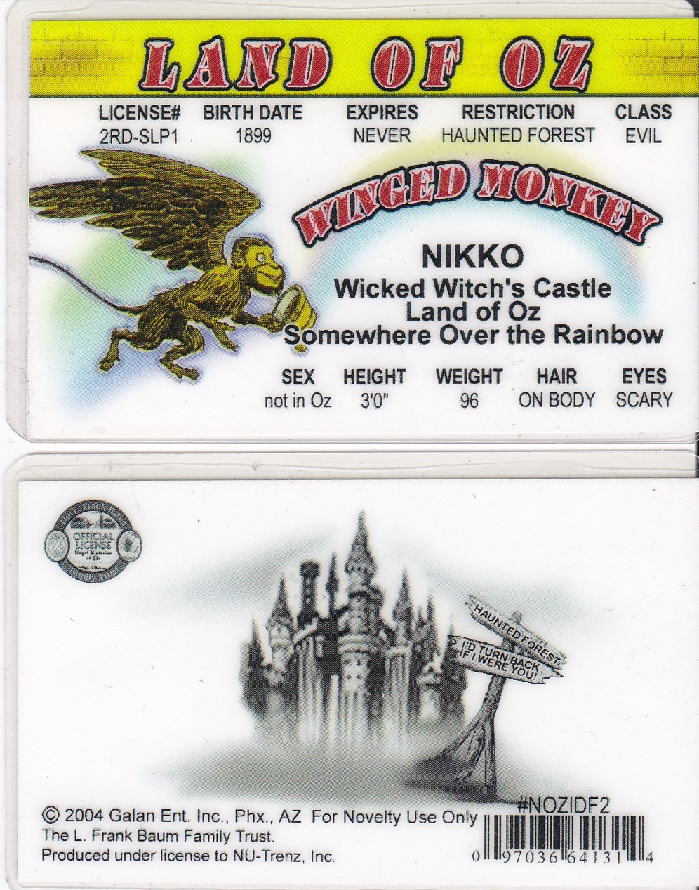 Flying Monkey NIKKO the Land of Oz drivers License fake id w w denslow ...