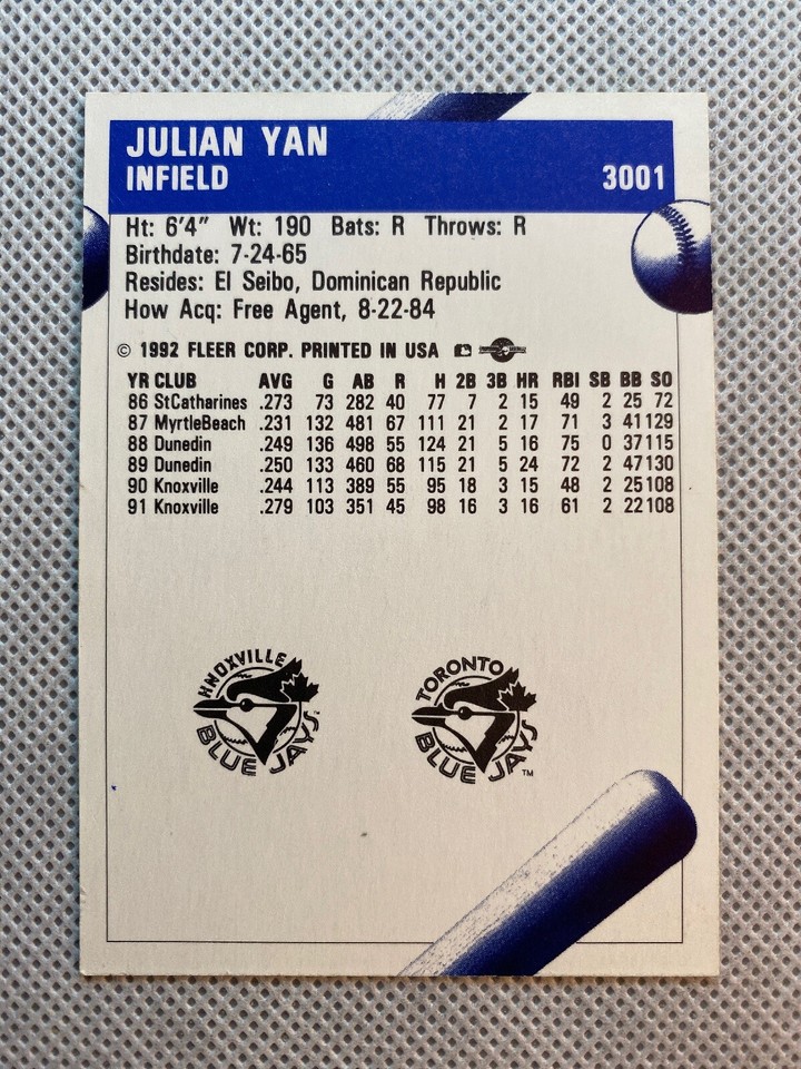 1992 Fleer ProCards Julian Yan #3001 Auto Signed Autograph Knoxville ...