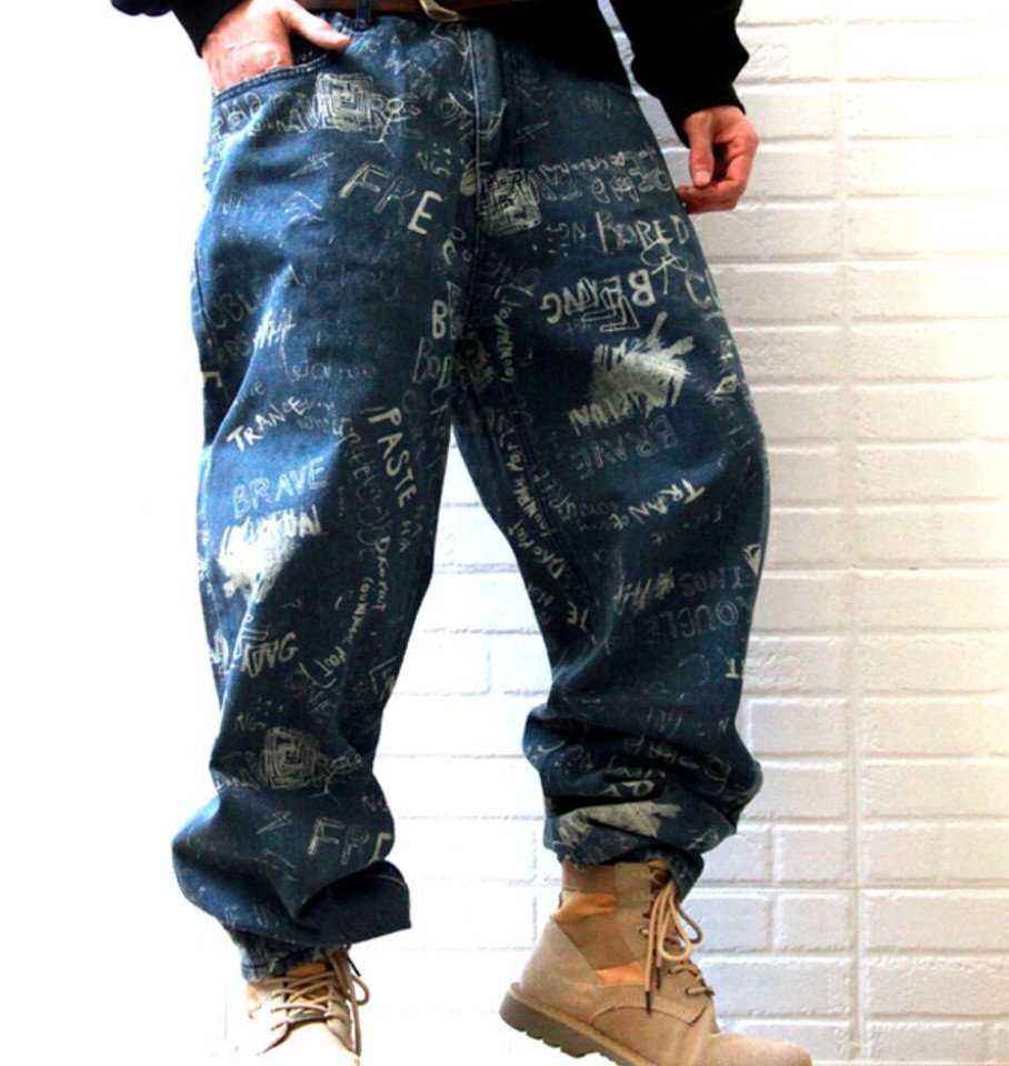 Men Blue Black Denim Letter Printed Straight Loose Fit Punk Jeans Pants ...