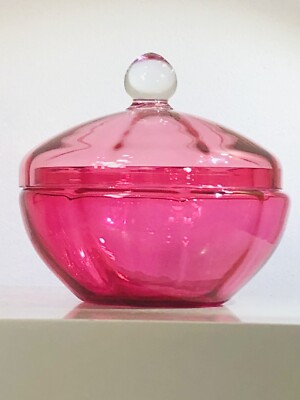 Beautiful Vintage Cranberry Pink Glass Candy Bowl With Lid Clear Glass ...
