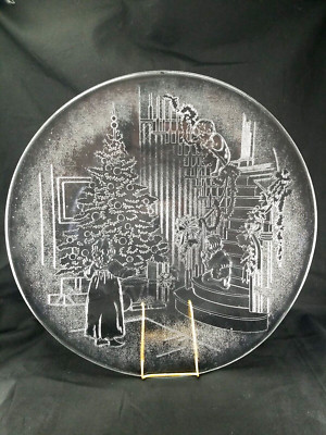 Serving Platter Family Children Checking Christmas Tree Clear Glass 13 ...