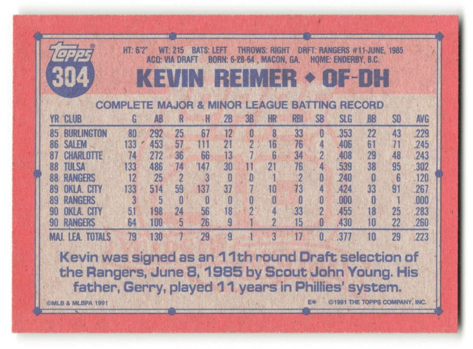 Kevin Reimer 1991 Topps BASEBALL #304 Texas Rangers | eBay