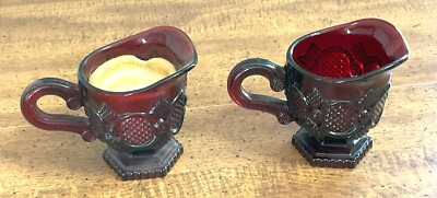 Avon Ruby Red Glass Cape Cod Cream Pitchers on a Pedestal (one a candle ...