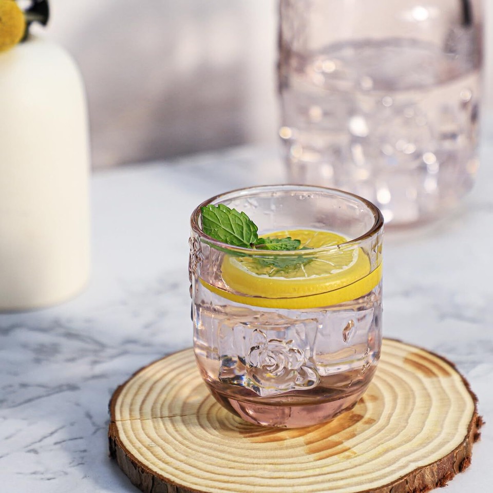 15 Oz Rose Embossed Pink Glass Bedside Night Water Carafe With Tumbler ...