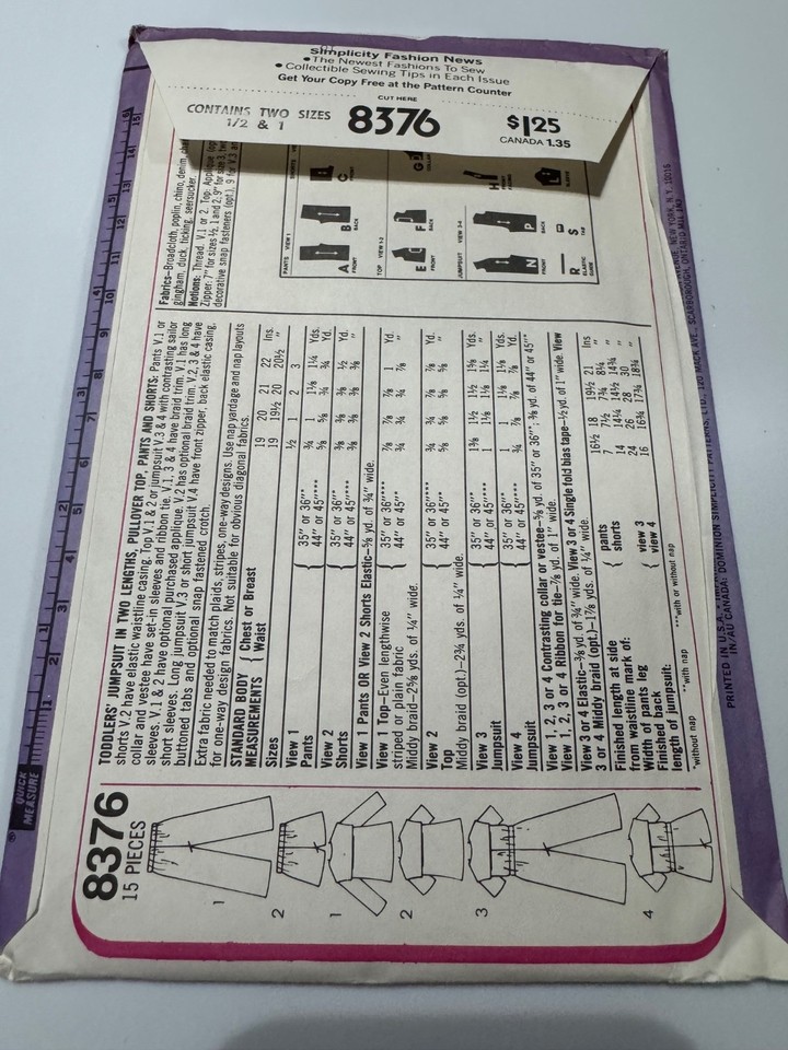 VTG Simplicity Pattern 8376 Toddlers Jumpsuit Top Pant Shorts SZ 1/2 ...