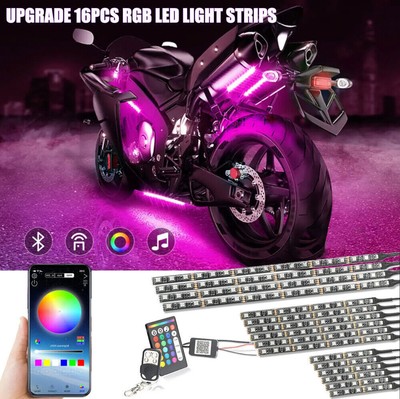 16PCS Motorcycle RGB LED Strip Light Under Glow Neon Kit Bluetooth APP ...