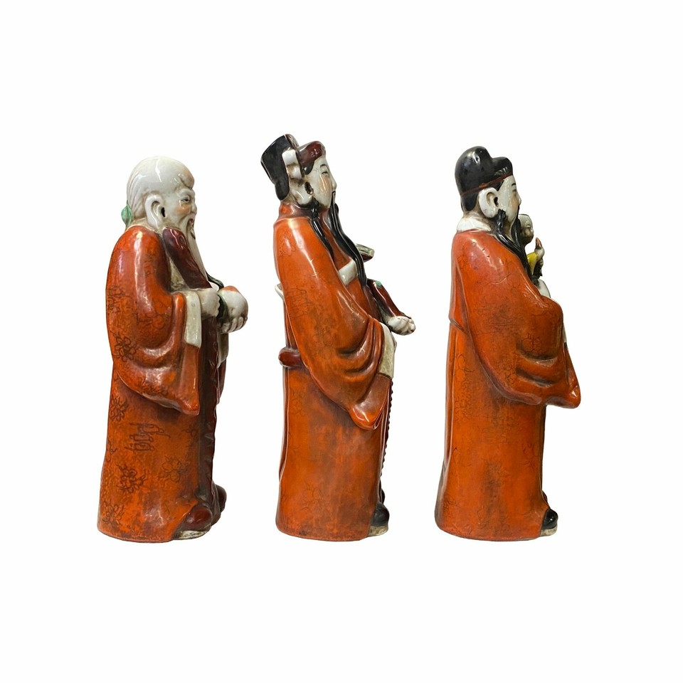 Chinese Distressed Orange Color Fenghsui Fok Lok Shao Figure Set ws1788 ...