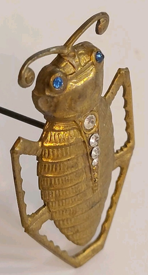 Antique Scarab Egyptian Hatpin Green Jeweled Eyes Rhinestone Chest ...