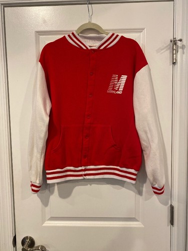 VTG Large (L) Maryland Red Snap Down Jacket - Striped Collar Letter ...