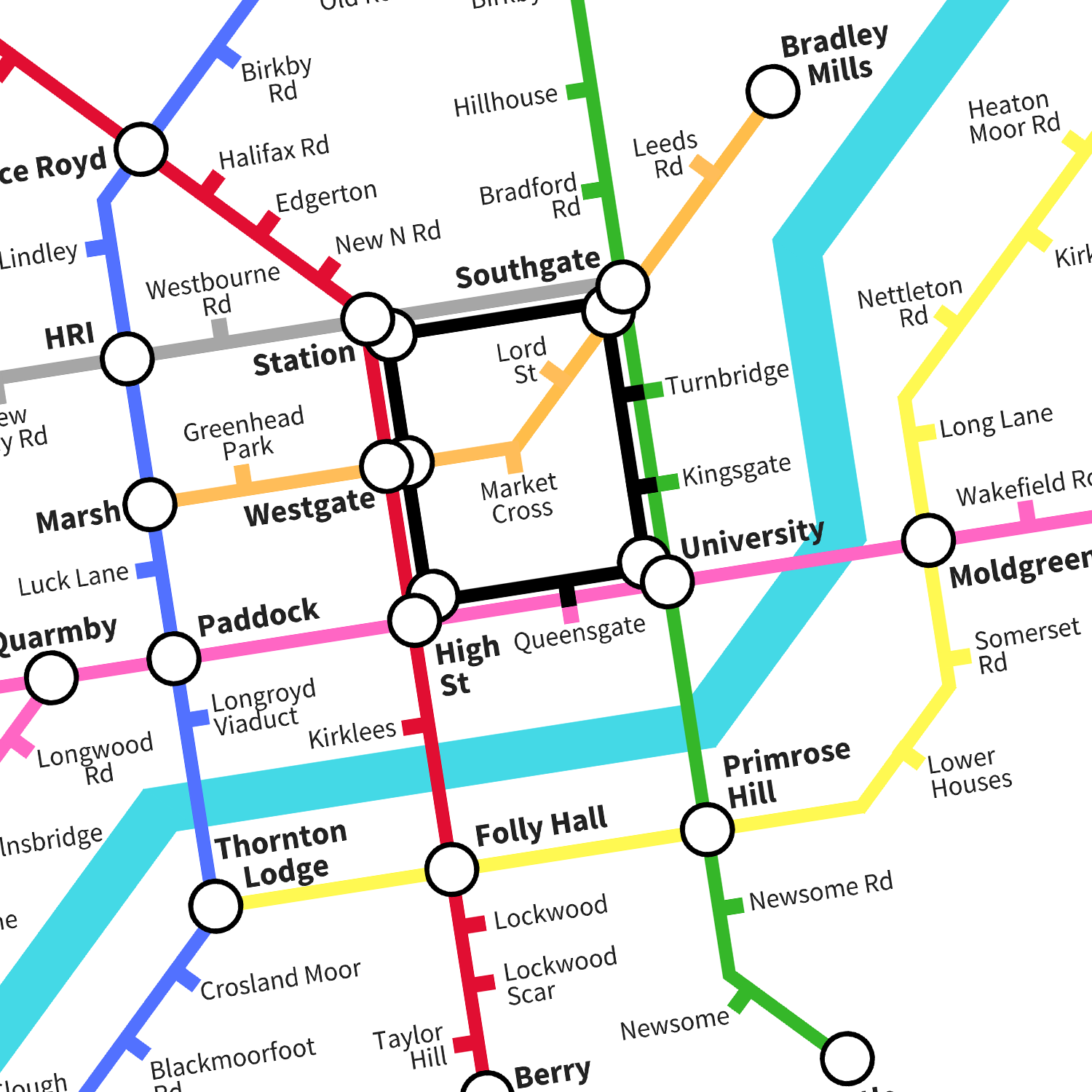 Huddersfield West Yorkshire Underground Style Transport Art Map Print ...