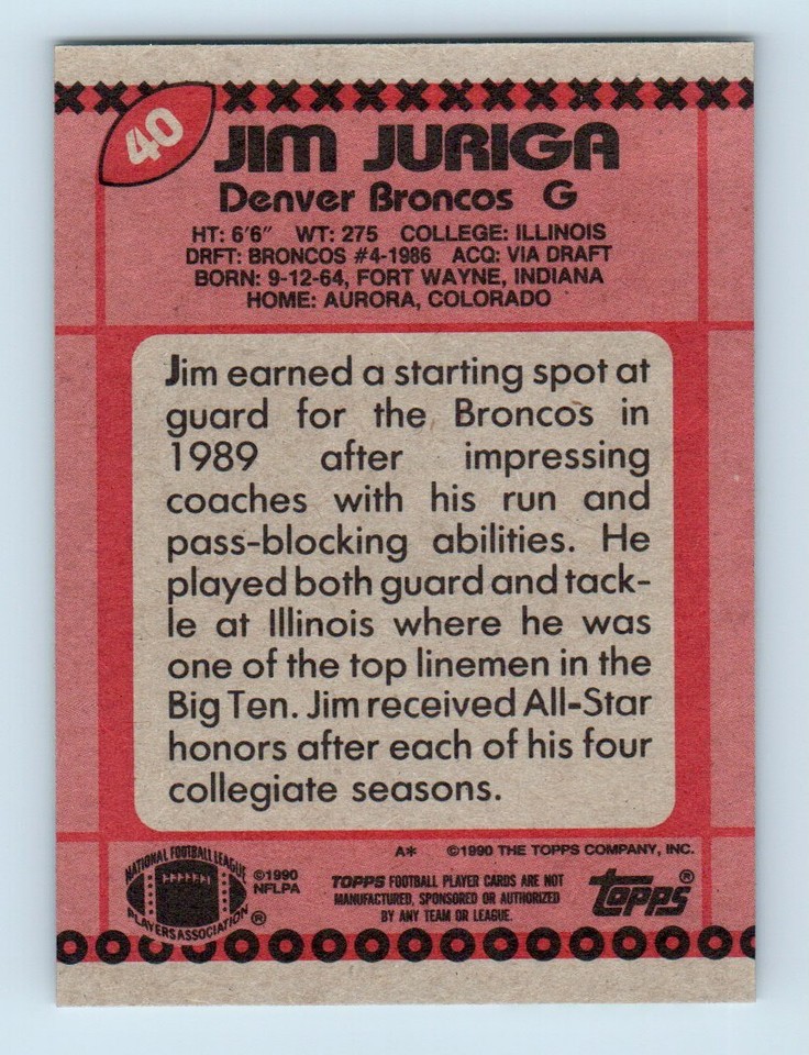 1990 Topps Jim Juriga Denver Broncos #40 | eBay