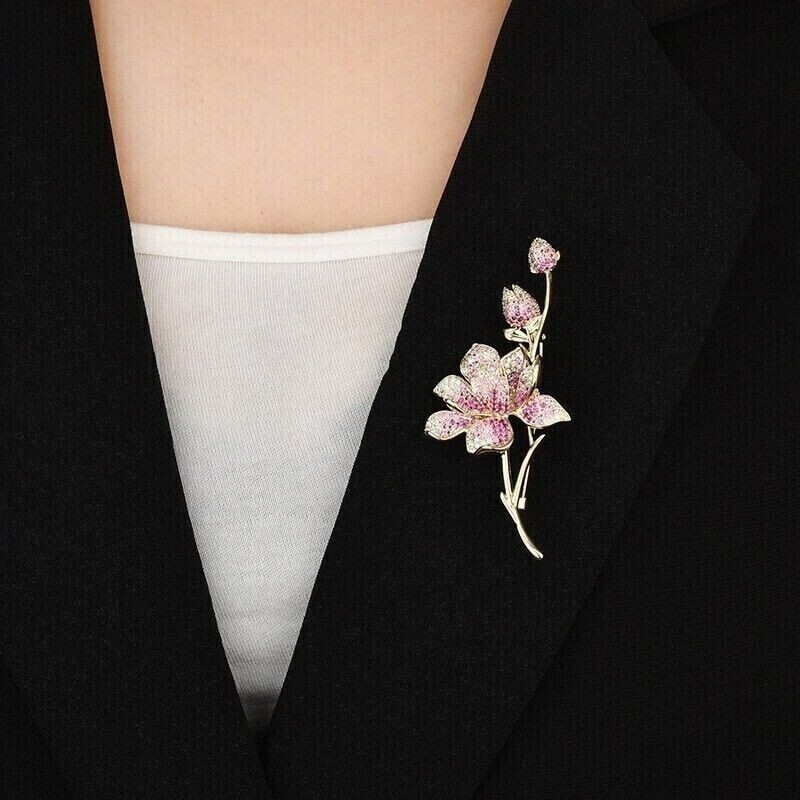 2.00Ct Round Cut CZ Ruby Rose Flower Brooch Pin 14K Yellow Gold Plated ...