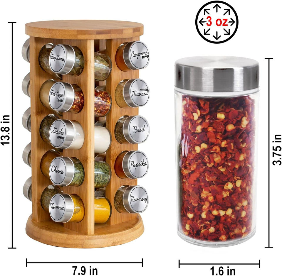 20 Jar Bamboo Spice Rack with Spices Included - Rotating Tower ...