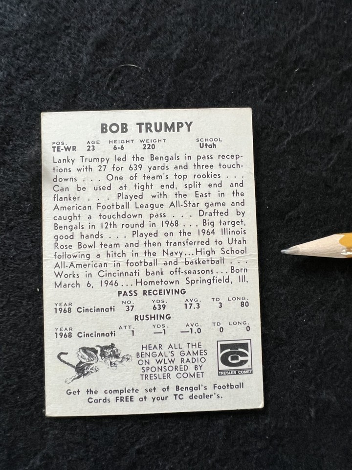 1969 Tresler Comet Football Bob Trumpy #18 Cincinnati Bengals (Creased ...