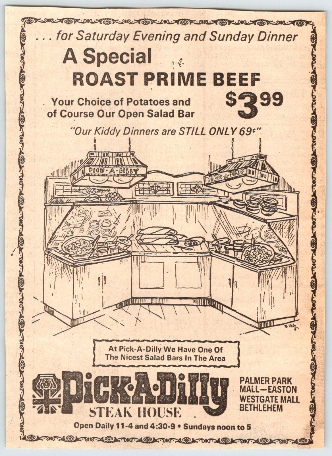 1974 PICK-A-DILLY STEAK HOUSE AD EASTON PA Vtg 5" X 7" Newspaper ...