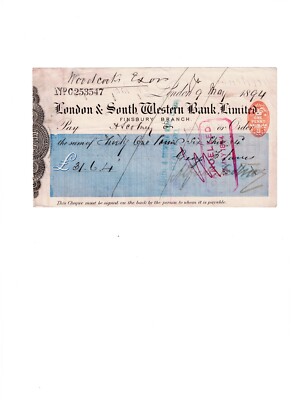 1885 cheque from London & South Western Bank Limited, Finsbury, issued ...