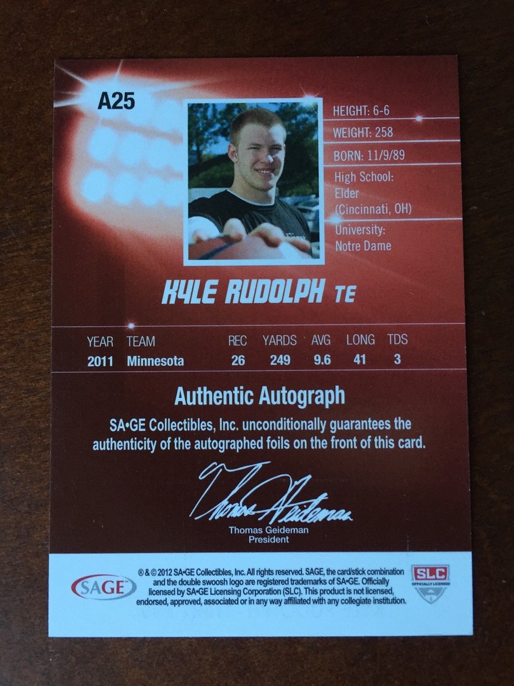 2012 Sage HIT Kyle Rudolph BV $20 Vikings Auto RC Autograph Rookie | eBay