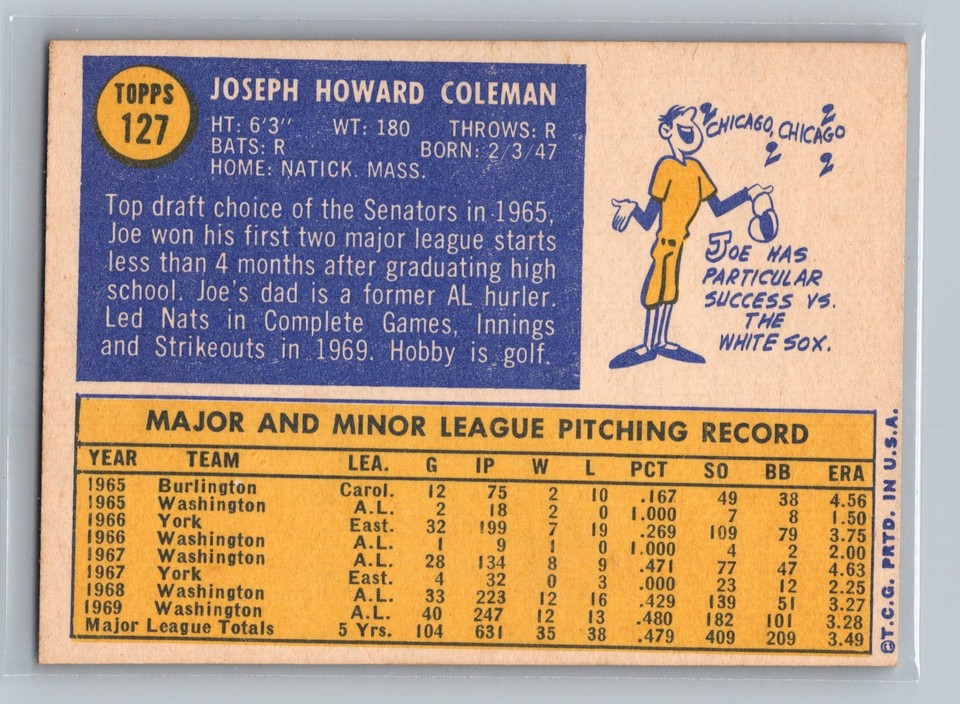 1970 Topps Joe Coleman #127 - Washington Senators - EX to Near MINT | eBay