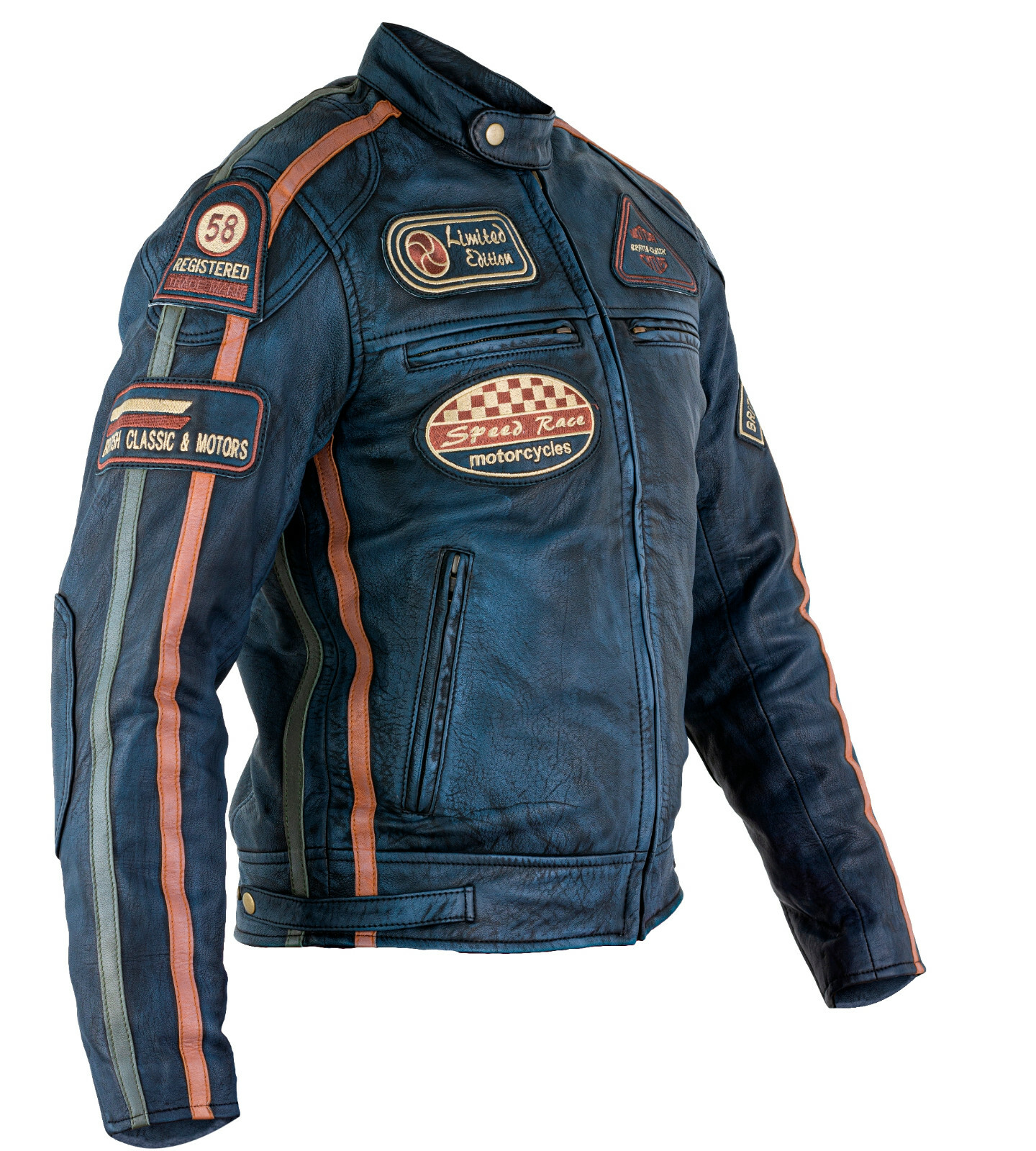 Mens British Motorcycle Black Wax Leather Badges Jacket Biker Tan Green ...