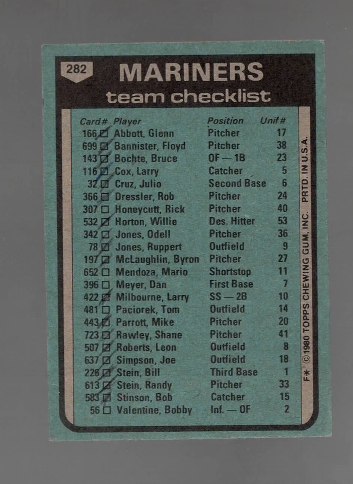 1980 Topps #282 Seattle Mariners - Darrell Johnson Excellent (marked ...