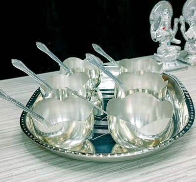 german silver set of 6 bowls and spoon with tray ice cream/dessert set ...