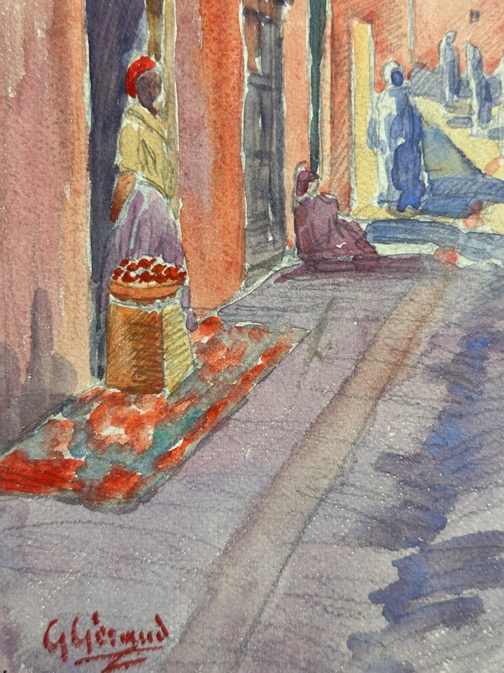 Ancienne Aquarelle Orientaliste par GERAUD Rue animée à Bizerte ...